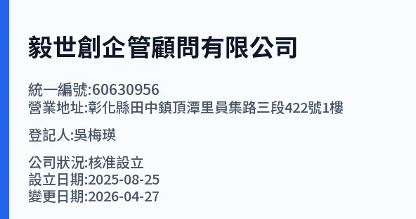 毅世創企管顧問有限公司的照片-統編 60630956(彰化縣) 公司登記資料與營業項目詳細圖表