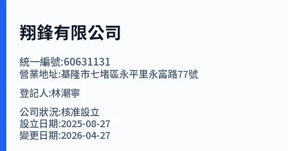 翔鋒有限公司的照片-統編 60631131(基隆市) 公司登記資料與營業項目詳細圖表