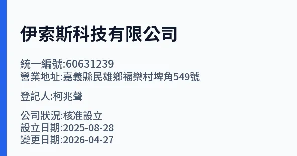 伊索斯科技有限公司的照片-統編 60631239(嘉義縣) 公司登記資料與營業項目詳細圖表