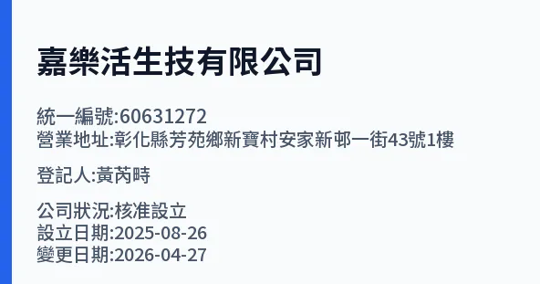 嘉樂活生技有限公司的照片-統編 60631272(彰化縣) 公司登記資料與營業項目詳細圖表
