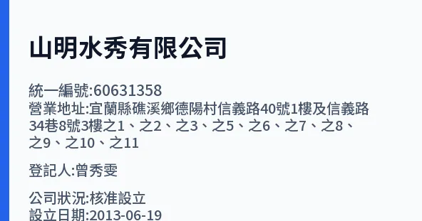 山明水秀有限公司的照片-統編 60631358(宜蘭縣) 公司登記資料與營業項目詳細圖表