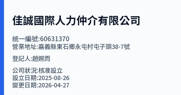 佳誠國際人力仲介有限公司的照片-統編 60631370(嘉義縣) 公司登記資料與營業項目詳細圖表
