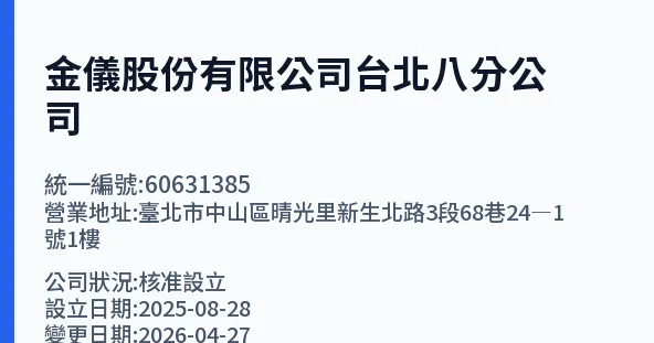 金儀股份有限公司台北八分公司的照片-統編 60631385(臺北市) 公司登記資料與營業項目詳細圖表