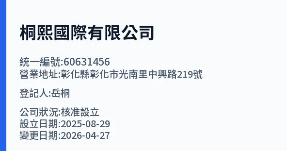 桐熙國際有限公司的照片-統編 60631456(彰化縣) 公司登記資料與營業項目詳細圖表