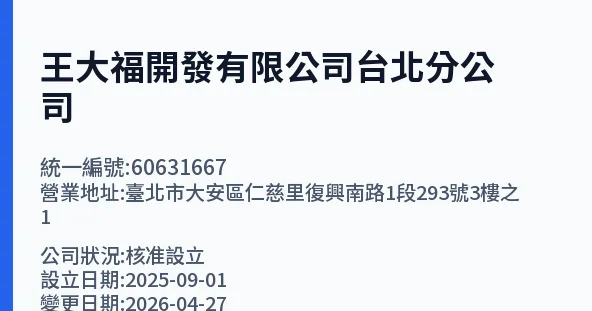 王大福開發有限公司台北分公司的照片-統編 60631667(臺北市) 公司登記資料與營業項目詳細圖表