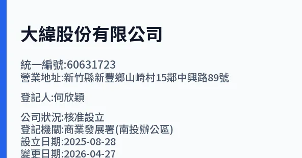 大緯股份有限公司的照片-統編 60631723(新竹縣) 公司登記資料與營業項目詳細圖表