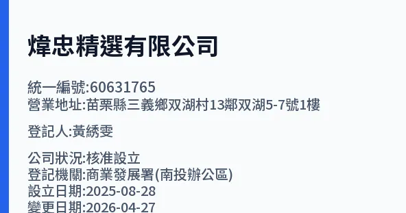 煒忠精選有限公司的照片-統編 60631765(苗栗縣) 公司登記資料與營業項目詳細圖表