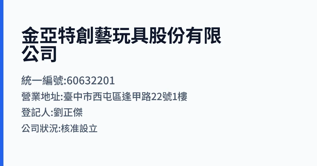 金亞特創藝玩具股份有限公司 - 統編 60632201(臺中市) 公司登記資料與營業項目詳細圖表