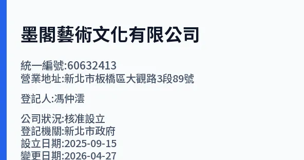 墨閣藝術文化有限公司的照片-統編 60632413(新北市) 公司登記資料與營業項目詳細圖表