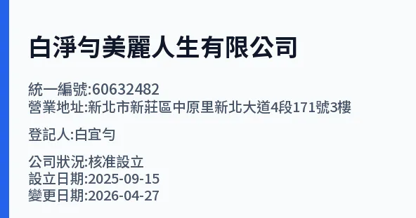 白淨勻美麗人生有限公司的照片-統編 60632482(新北市) 公司登記資料與營業項目詳細圖表