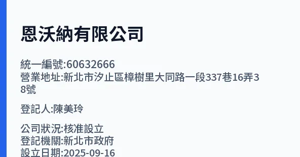 恩沃納有限公司的照片-統編 60632666(新北市) 公司登記資料與營業項目詳細圖表