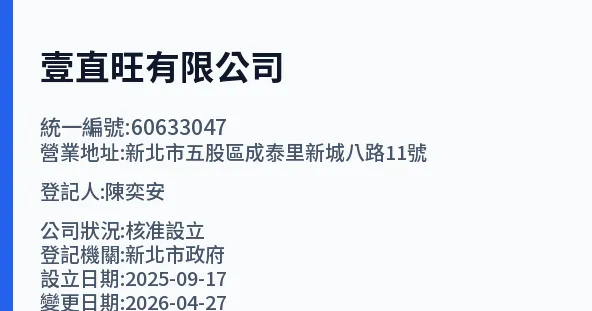 壹直旺有限公司的照片-統編 60633047(新北市) 公司登記資料與營業項目詳細圖表