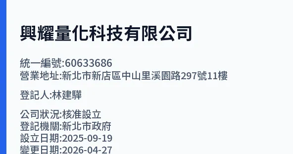 興耀量化科技有限公司的照片-統編 60633686(新北市) 公司登記資料與營業項目詳細圖表