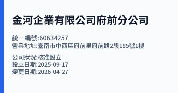 金河企業有限公司府前分公司的照片-統編 60634257(臺南市) 公司登記資料與營業項目詳細圖表
