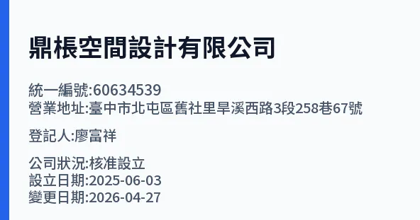 鼎棖空間設計有限公司的照片-統編 60634539(臺中市) 公司登記資料與營業項目詳細圖表