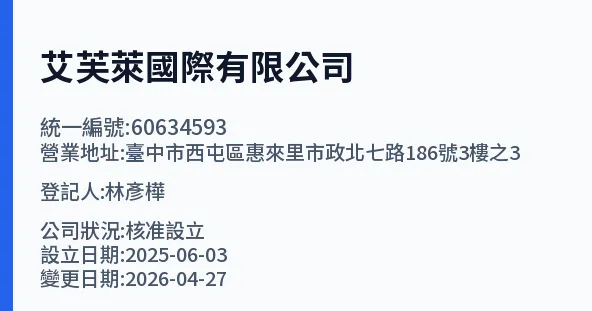 艾芙萊國際有限公司的照片-統編 60634593(臺中市) 公司登記資料與營業項目詳細圖表