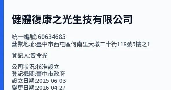 健體復康之光生技有限公司的照片-統編 60634685(臺中市) 公司登記資料與營業項目詳細圖表