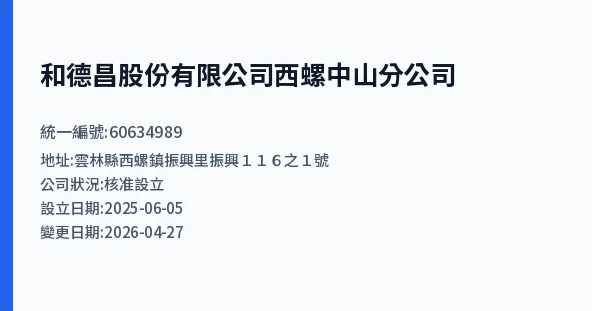 和德昌股份有限公司西螺中山分公司的照片-統編 60634989(雲林縣) 公司登記資料與營業項目詳細圖表