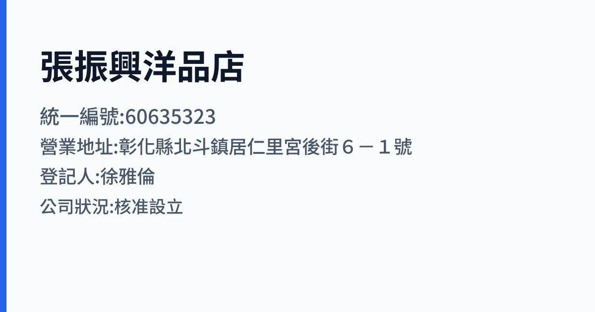 張振興洋品店 - 統編 60635323(彰化縣) 公司登記資料與營業項目詳細圖表
