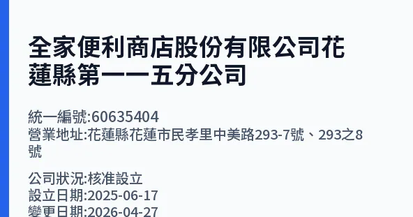 全家便利商店股份有限公司花蓮縣第一一五分公司的照片-統編 60635404(花蓮縣) 公司登記資料與營業項目詳細圖表