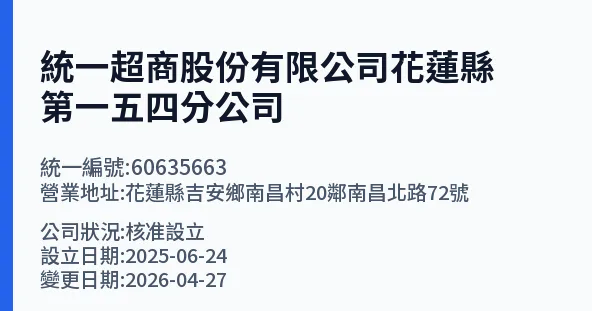 統一超商股份有限公司花蓮縣第一五四分公司的照片-統編 60635663(花蓮縣) 公司登記資料與營業項目詳細圖表