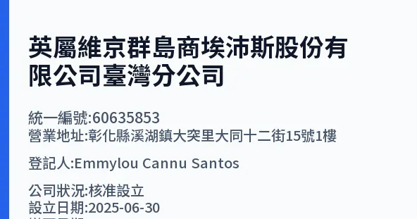 英屬維京群島商埃沛斯股份有限公司臺灣分公司的照片-統編 60635853(彰化縣) 公司登記資料與營業項目詳細圖表