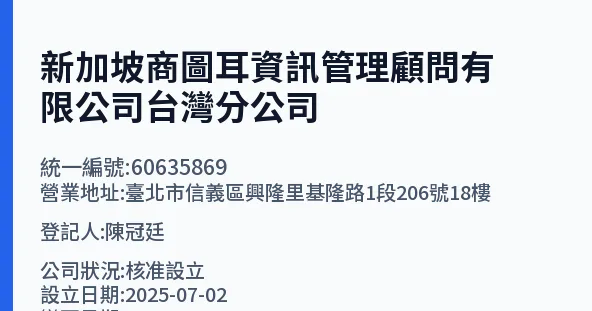 新加坡商圖耳資訊管理顧問有限公司台灣分公司的照片-統編 60635869(臺北市) 公司登記資料與營業項目詳細圖表