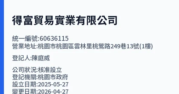 得富貿易實業有限公司的照片-統編 60636115(桃園市) 公司登記資料與營業項目詳細圖表