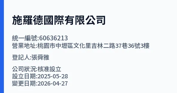 施羅德國際有限公司的照片-統編 60636213(桃園市) 公司登記資料與營業項目詳細圖表