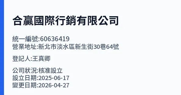 合贏國際行銷有限公司的照片-統編 60636419(新北市) 公司登記資料與營業項目詳細圖表