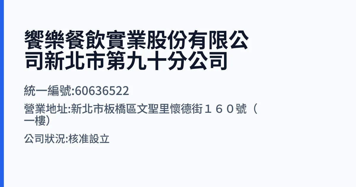 饗樂餐飲實業股份有限公司新北市第九十分公司 - 統編 60636522(新北市) 公司登記資料與營業項目詳細圖表