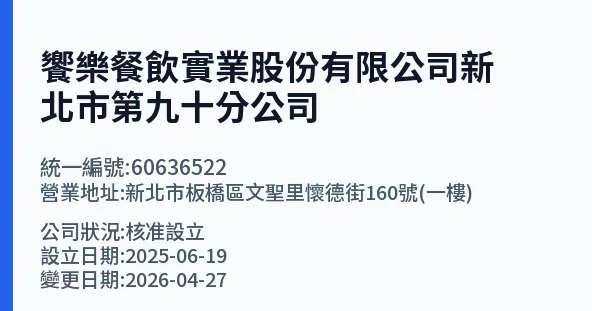 饗樂餐飲實業股份有限公司新北市第九十分公司的照片-統編 60636522(新北市) 公司登記資料與營業項目詳細圖表