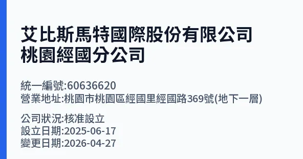 艾比斯馬特國際股份有限公司桃園經國分公司的照片-統編 60636620(桃園市) 公司登記資料與營業項目詳細圖表