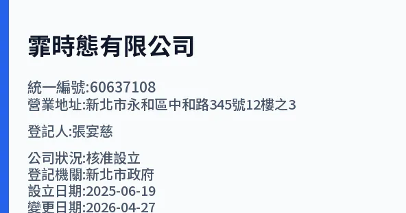 霏時態有限公司的照片-統編 60637108(新北市) 公司登記資料與營業項目詳細圖表