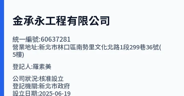 金承永工程有限公司的照片-統編 60637281(新北市) 公司登記資料與營業項目詳細圖表