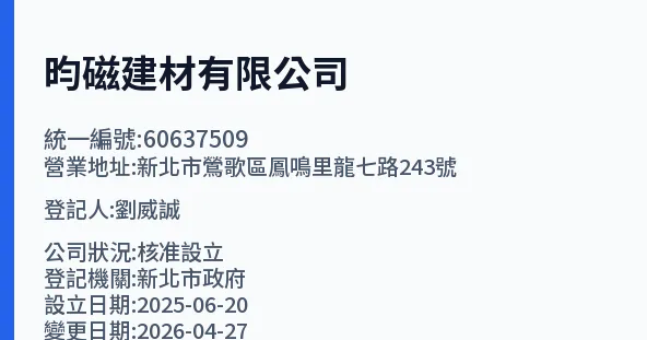 昀磁建材有限公司的照片-統編 60637509(新北市) 公司登記資料與營業項目詳細圖表