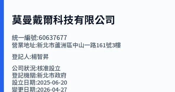 莫曼戴爾科技有限公司的照片-統編 60637677(新北市) 公司登記資料與營業項目詳細圖表