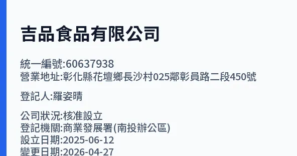 吉品食品有限公司的照片-統編 60637938(彰化縣) 公司登記資料與營業項目詳細圖表