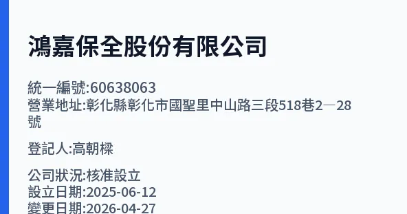 鴻嘉保全股份有限公司的照片-統編 60638063(彰化縣) 公司登記資料與營業項目詳細圖表