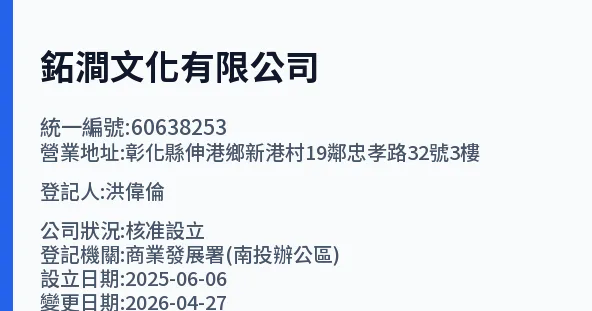 鉐澗文化有限公司的照片-統編 60638253(彰化縣) 公司登記資料與營業項目詳細圖表