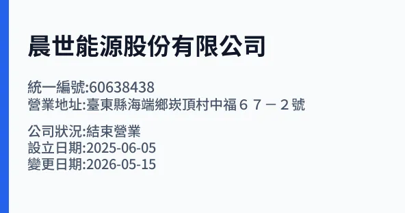 晨世能源股份有限公司的照片-統編 60638438(臺東縣) 公司登記資料與營業項目詳細圖表