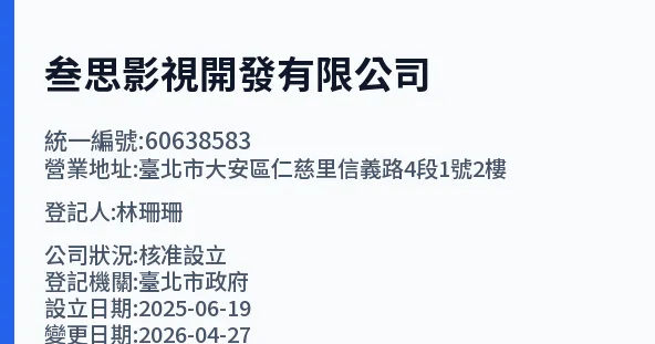 叁思影視開發有限公司的照片-統編 60638583(臺北市) 公司登記資料與營業項目詳細圖表