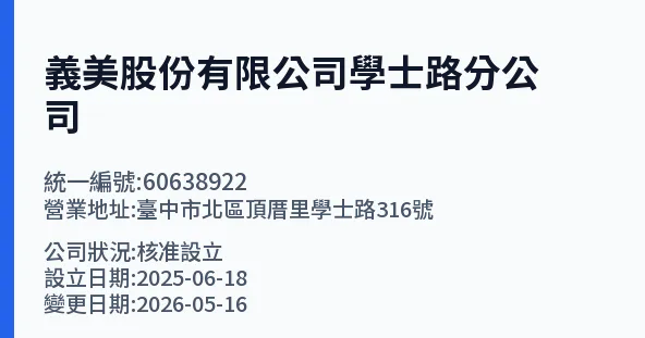 義美股份有限公司學士路分公司的照片-統編 60638922(臺中市) 公司登記資料與營業項目詳細圖表