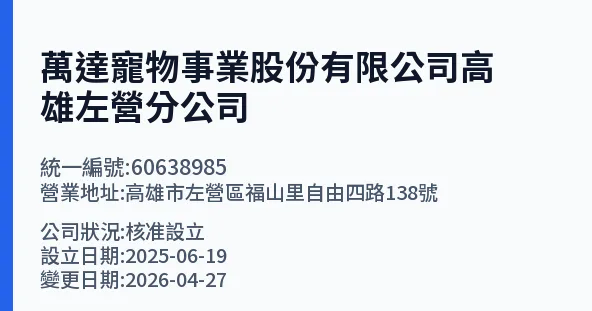 萬達寵物事業股份有限公司高雄左營分公司的照片-統編 60638985(高雄市) 公司登記資料與營業項目詳細圖表