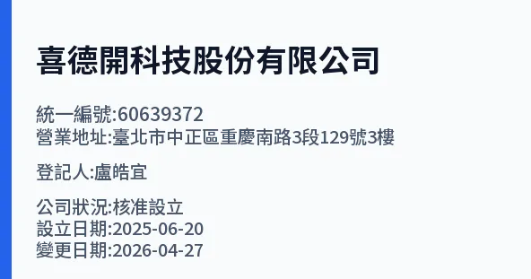 喜德開科技股份有限公司的照片-統編 60639372(臺北市) 公司登記資料與營業項目詳細圖表