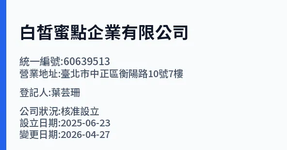 白皙蜜點企業有限公司的照片-統編 60639513(臺北市) 公司登記資料與營業項目詳細圖表