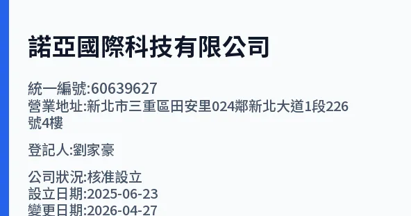 諾亞國際科技有限公司的照片-統編 60639627(新北市) 公司登記資料與營業項目詳細圖表