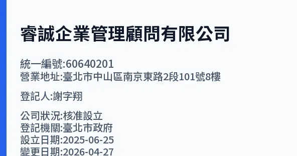 睿誠企業管理顧問有限公司的照片-統編 60640201(臺北市) 公司登記資料與營業項目詳細圖表