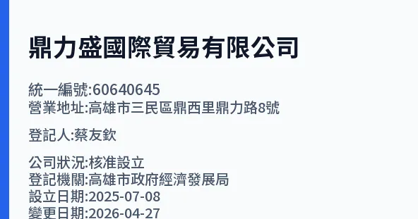 鼎力盛國際貿易有限公司的照片-統編 60640645(高雄市) 公司登記資料與營業項目詳細圖表