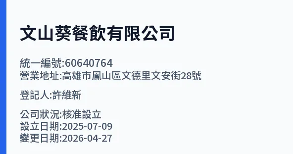 文山葵餐飲有限公司的照片-統編 60640764(高雄市) 公司登記資料與營業項目詳細圖表